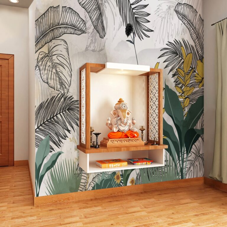 Seating Area Sultan Tiles Green Leaves Pooja Room Wallpaper